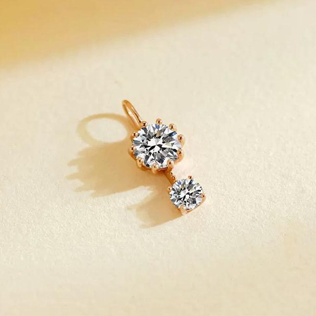 14K SOLID GOLD Double Stone Charm, Mini Stone Pendant, Dangling Diamond ...