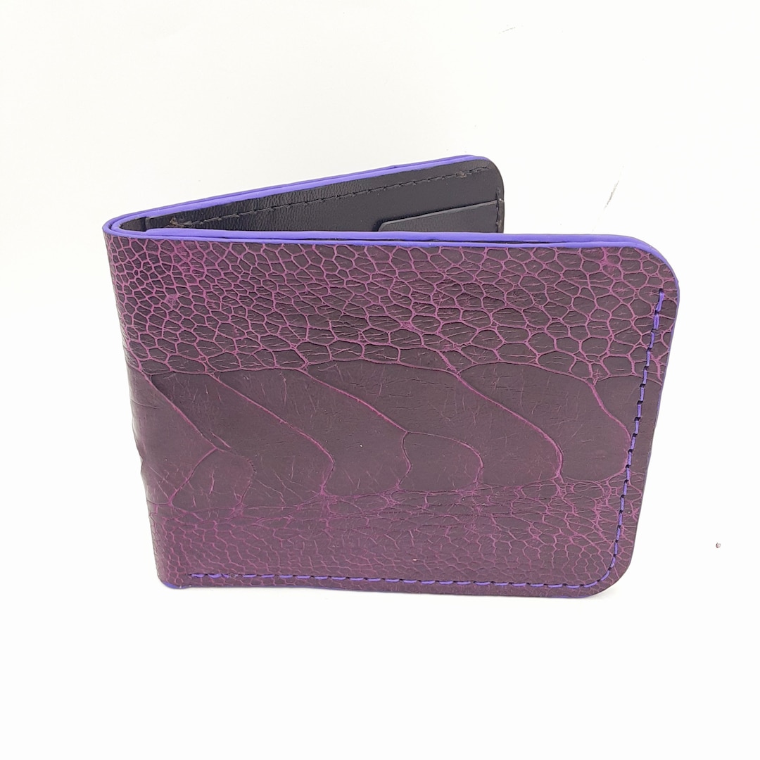 Genuine Exotic Leather Bifold Wallet - Glazed Purple Ostrich Leg ...