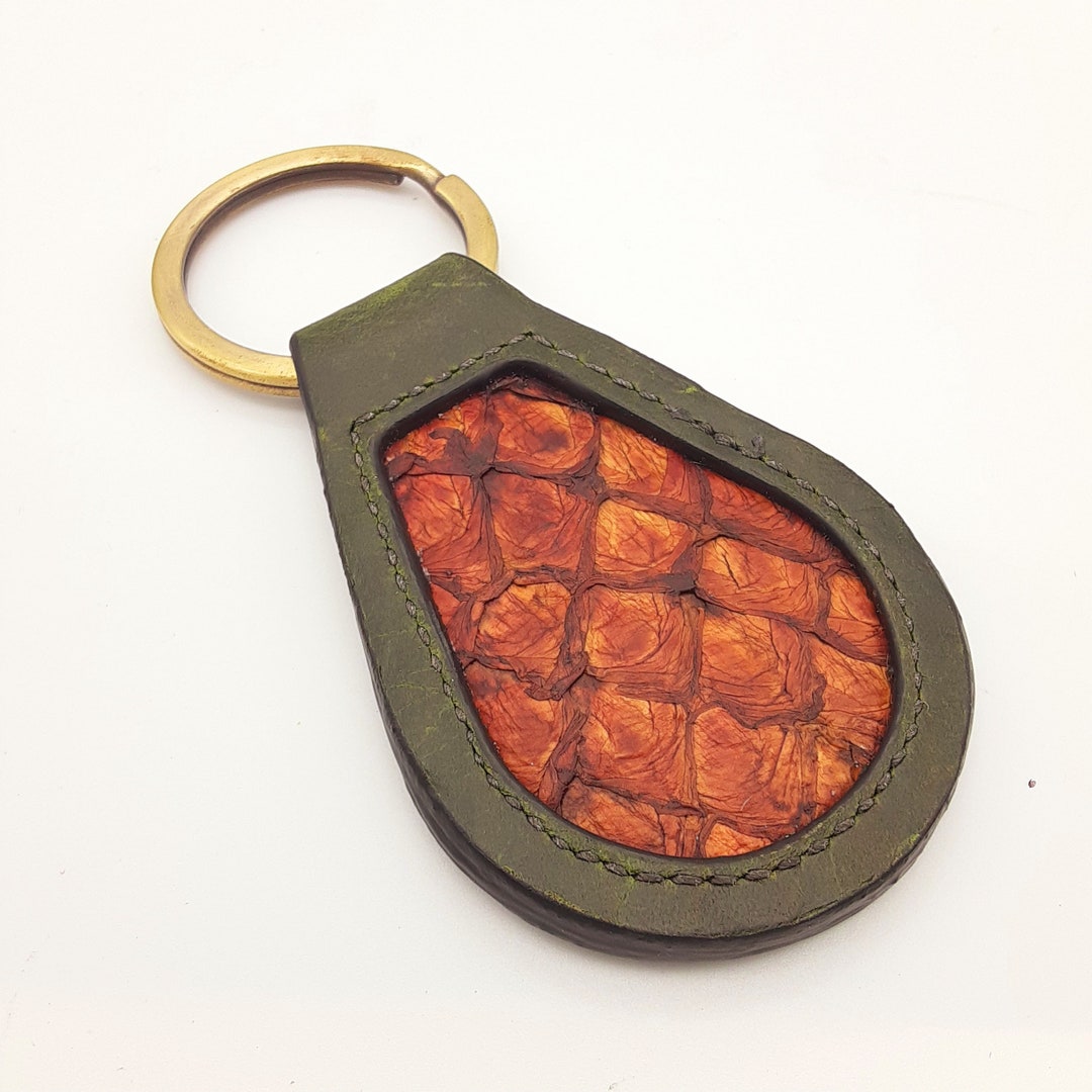Cognac Arapaima Pirarucu Inlay Brass Keyring, Handmade Exotic Fish ...