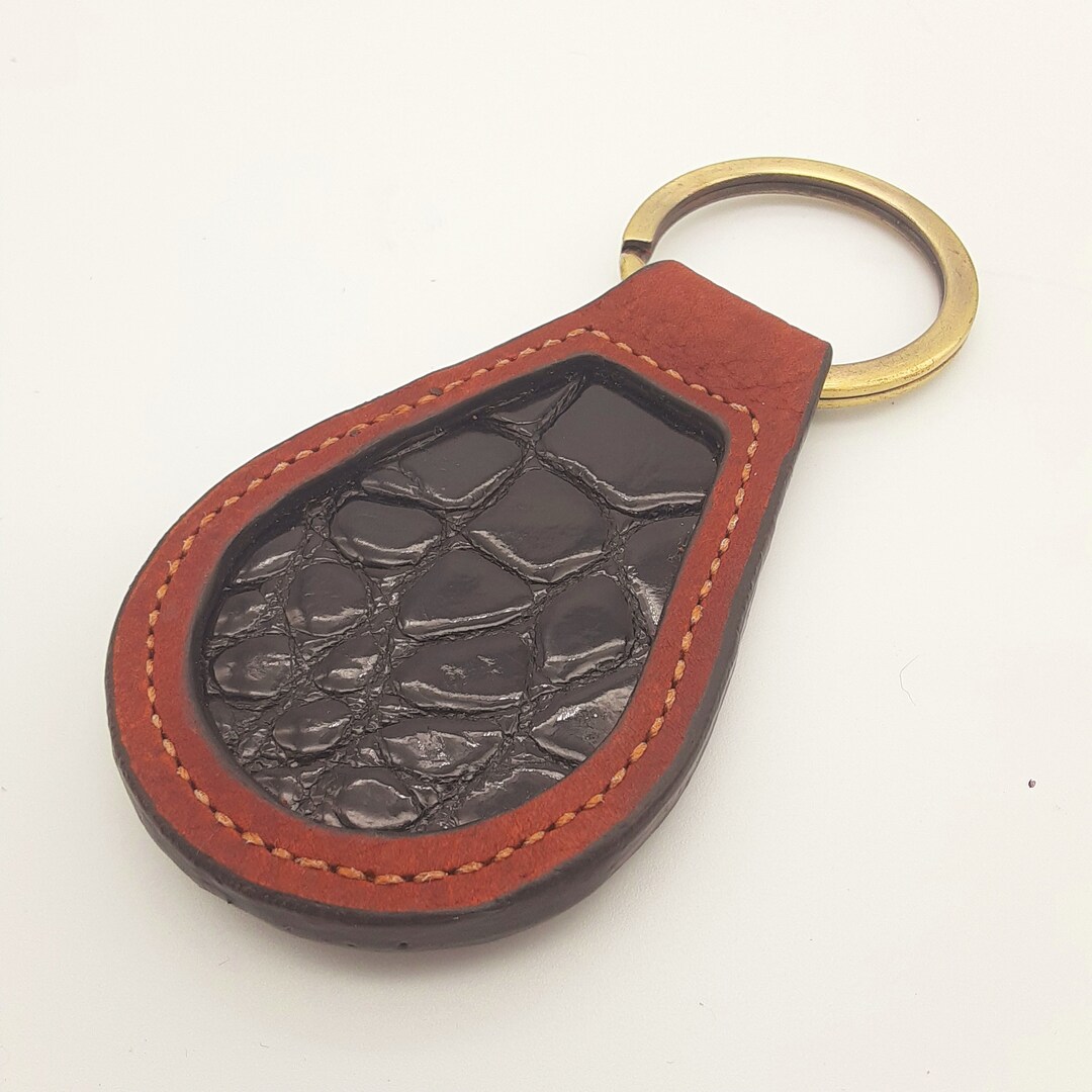 Glazed Black American Alligator Inlay Brass Keyring, Handmade Exotic ...