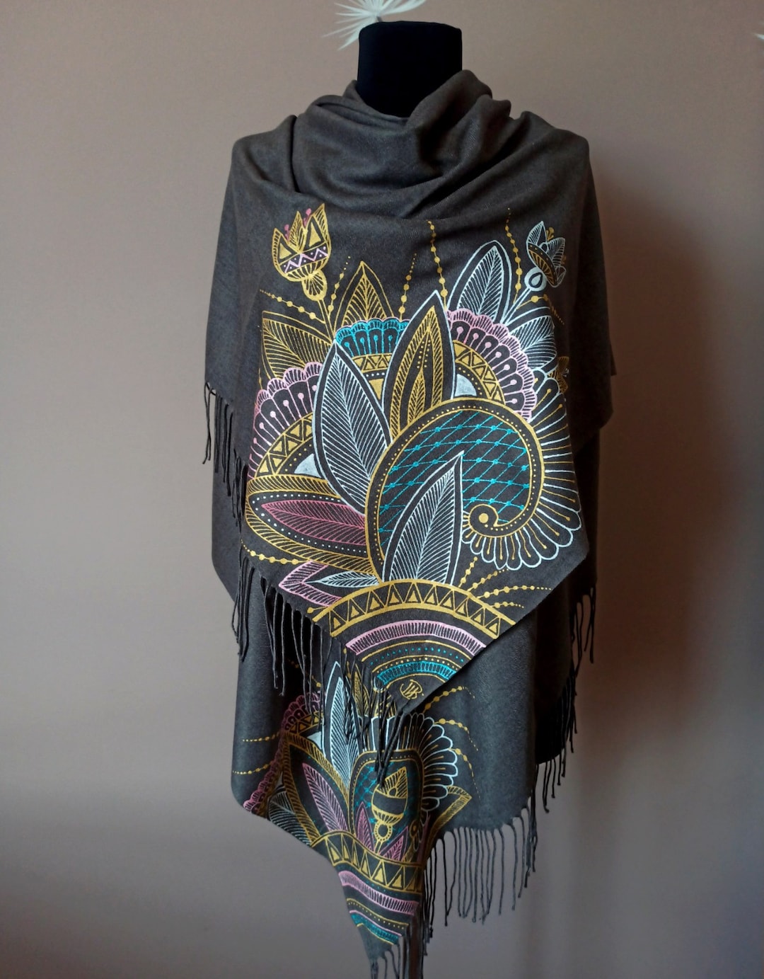 Dark Gray Scarf With Fabulous Patterns, Large Floral Scarf, Wedding ...