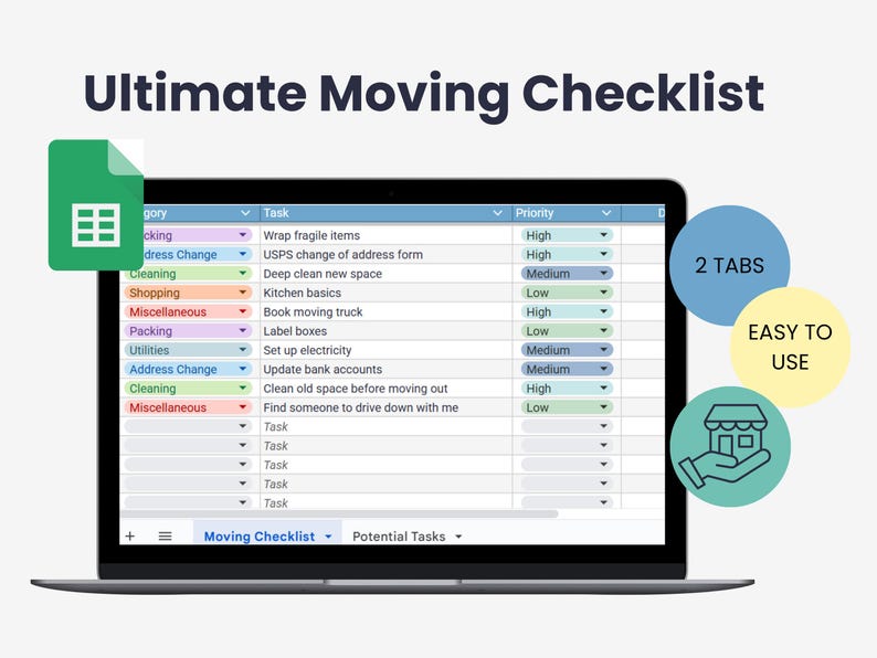 Moving Checklist Spreadsheet – Google Sheets, Excel (digital Download ...