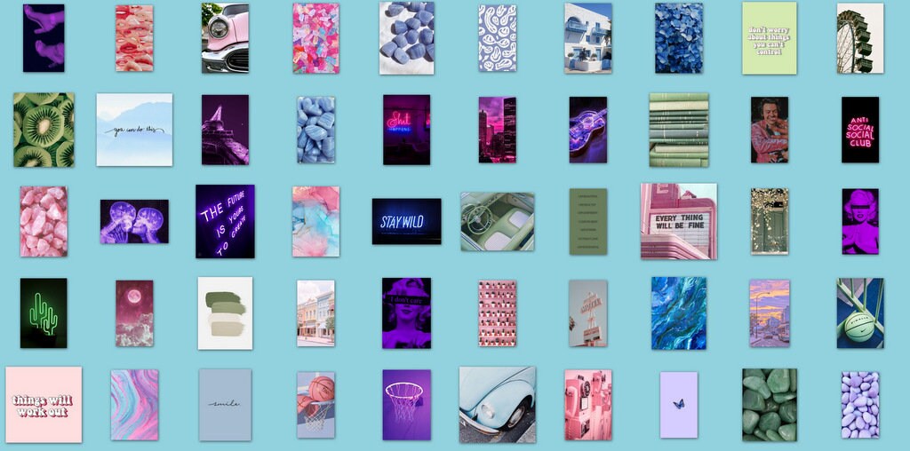 Multi Color Aesthetic Wall Collage Kit 50 Pieces Pink Blue Purple Green ...