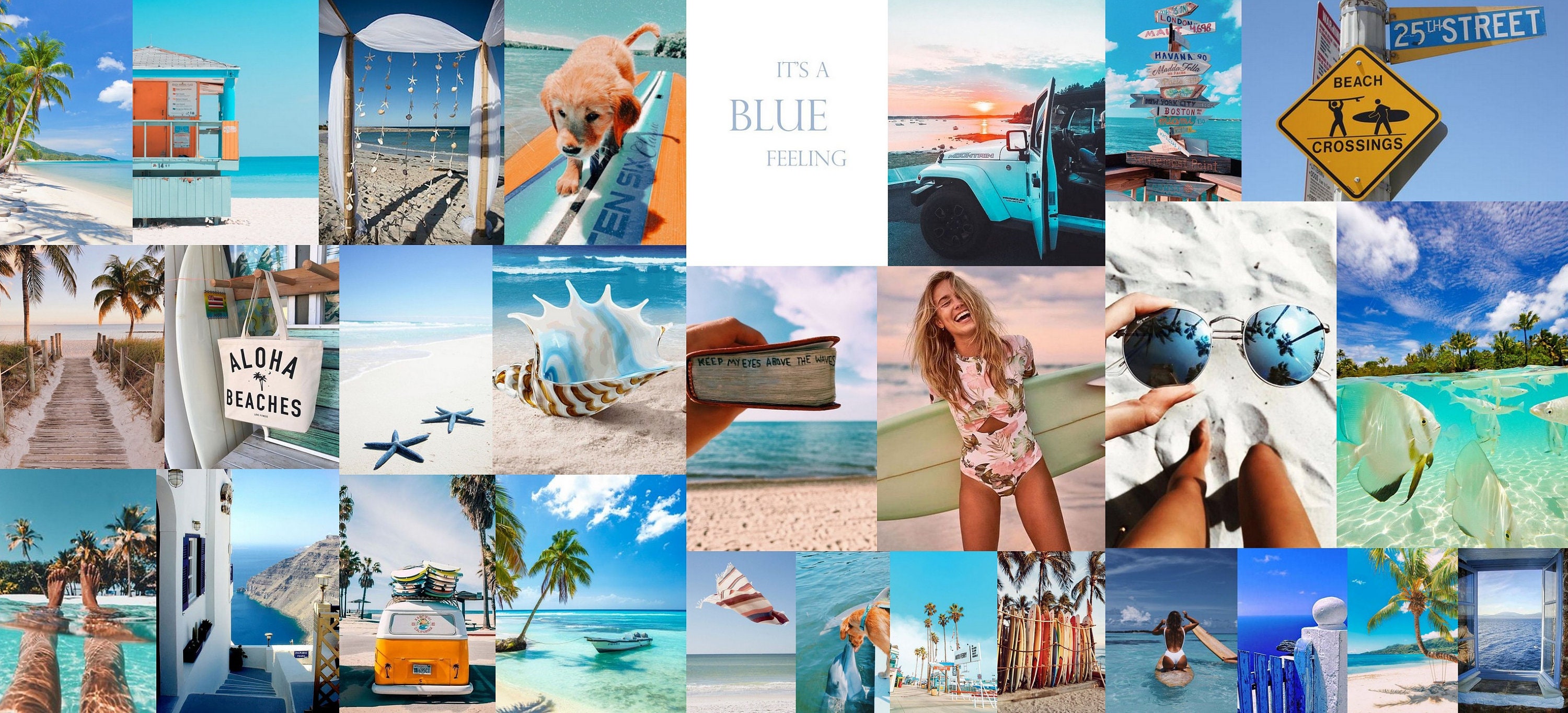 Beach Blue Aesthetic Wall Collage Kit 80 Pieces / Beach Vibe Blue Tone ...