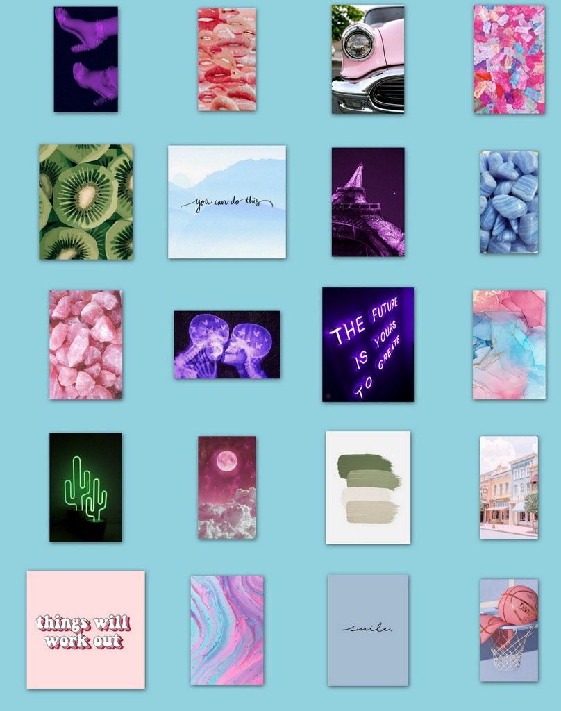 Multi Color Aesthetic Wall Collage Kit 50 Pieces Pink Blue Purple Green ...