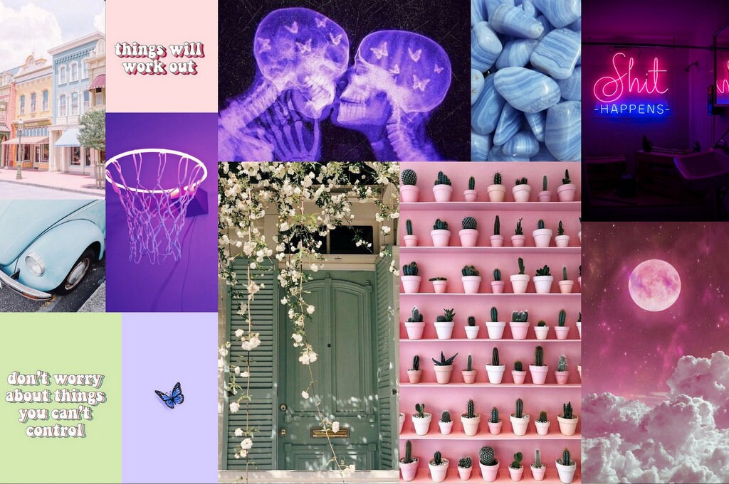 Multi Color Aesthetic Wall Collage Kit 50 Pieces Pink Blue Purple Green ...