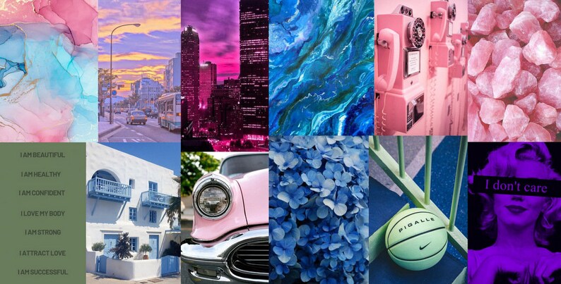 Multi Color Aesthetic Wall Collage Kit 50 Pieces Pink Blue Purple Green ...