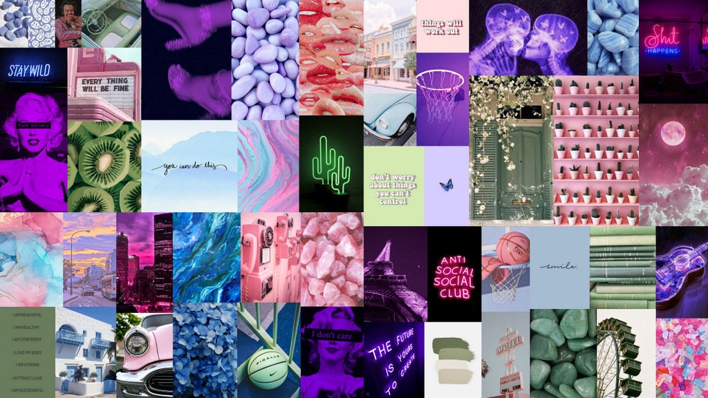 Multi Color Aesthetic Wall Collage Kit 50 Pieces Pink Blue Purple Green ...