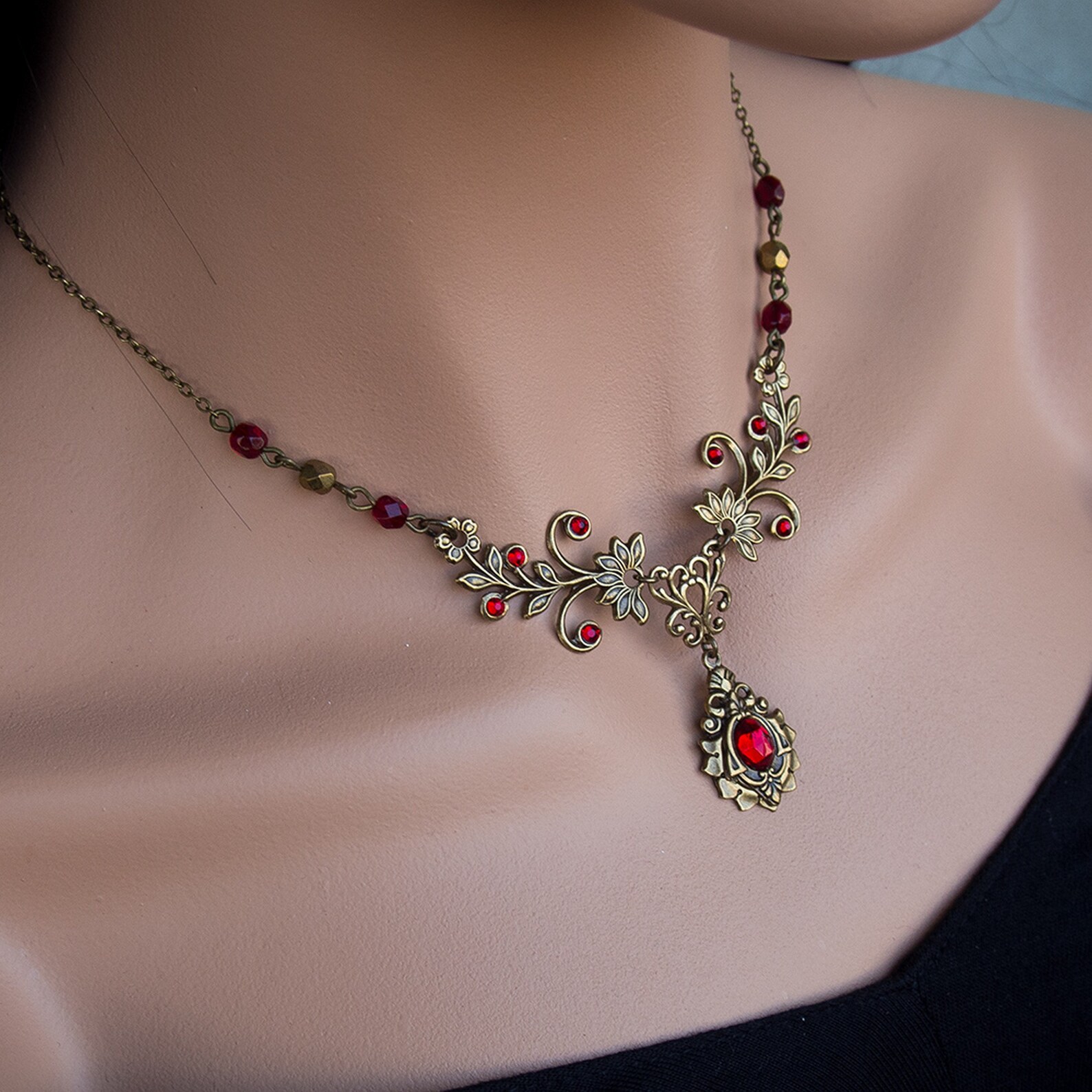 Vintage Necklace Victorian Gothic Old Gold Brass Ruby - Etsy