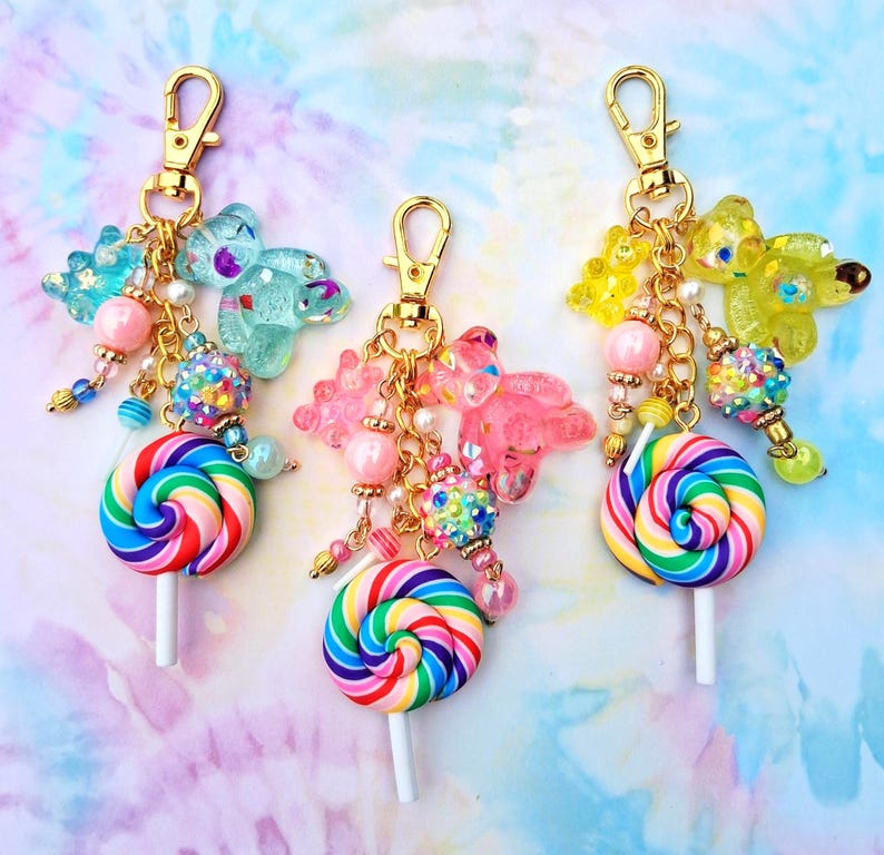 Sparkle Candy Keychain, Gummy Bear & Lollipop Purse Charm, Beaded ...