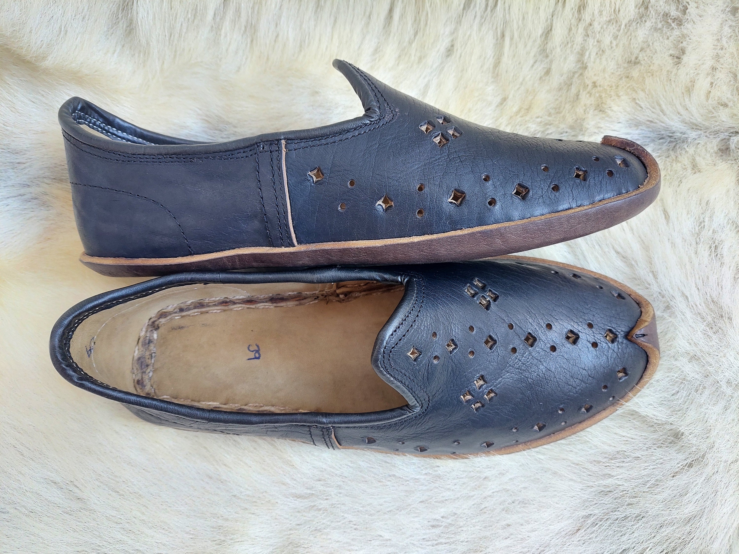 Handmade Ancient Black Shoes Turkish Leather Slip Ons Medieval Slippers ...