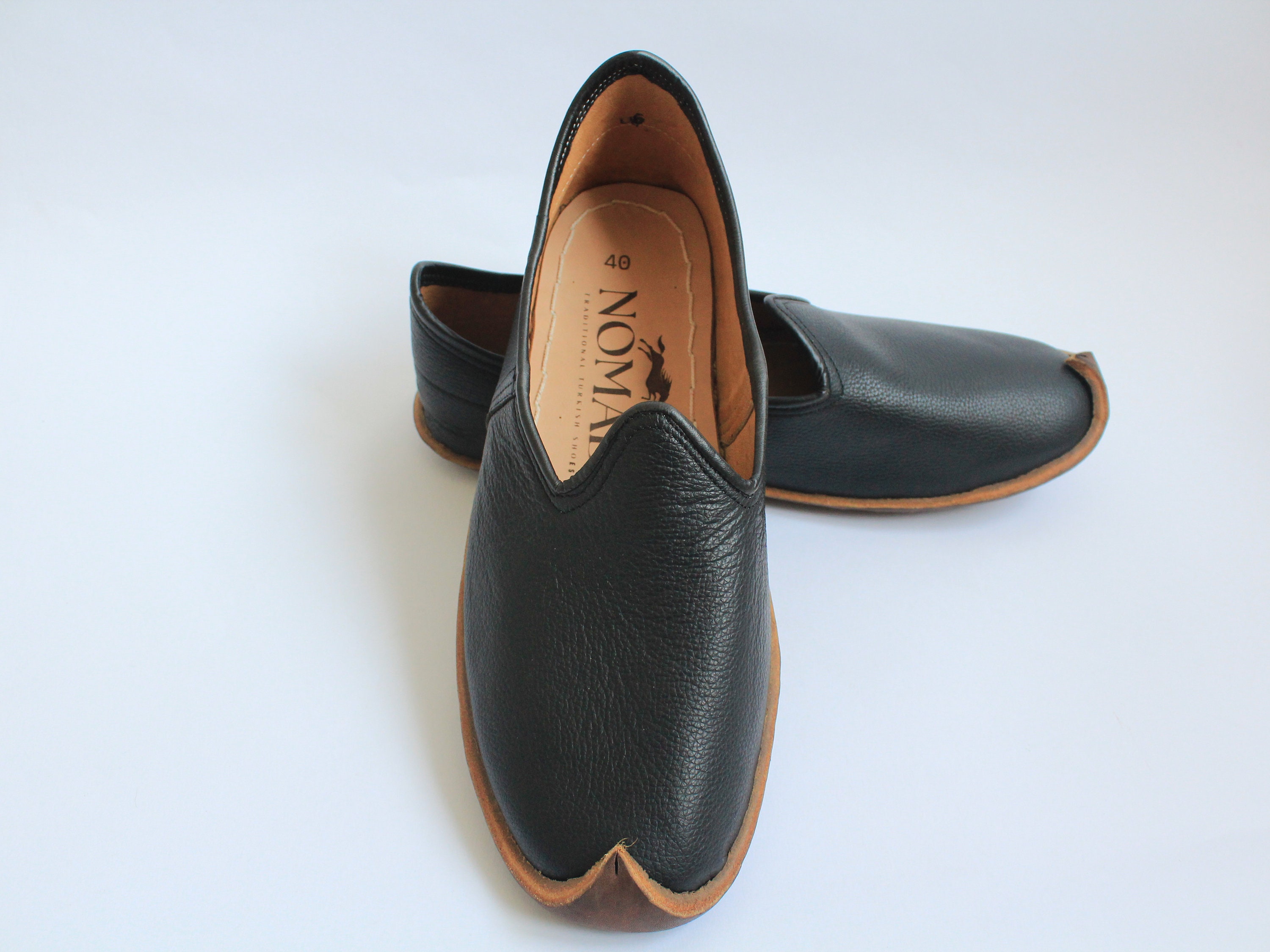 Black Leather Traditional Turkish Shoes Slip Ons Slippers Handmade ...