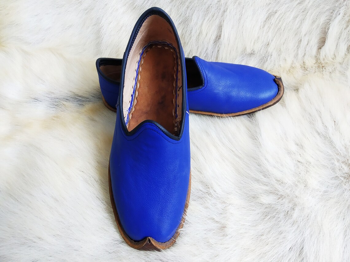 Asian Blue Turkish Shoes Medieval Slip Ons Leather Slippers | Etsy