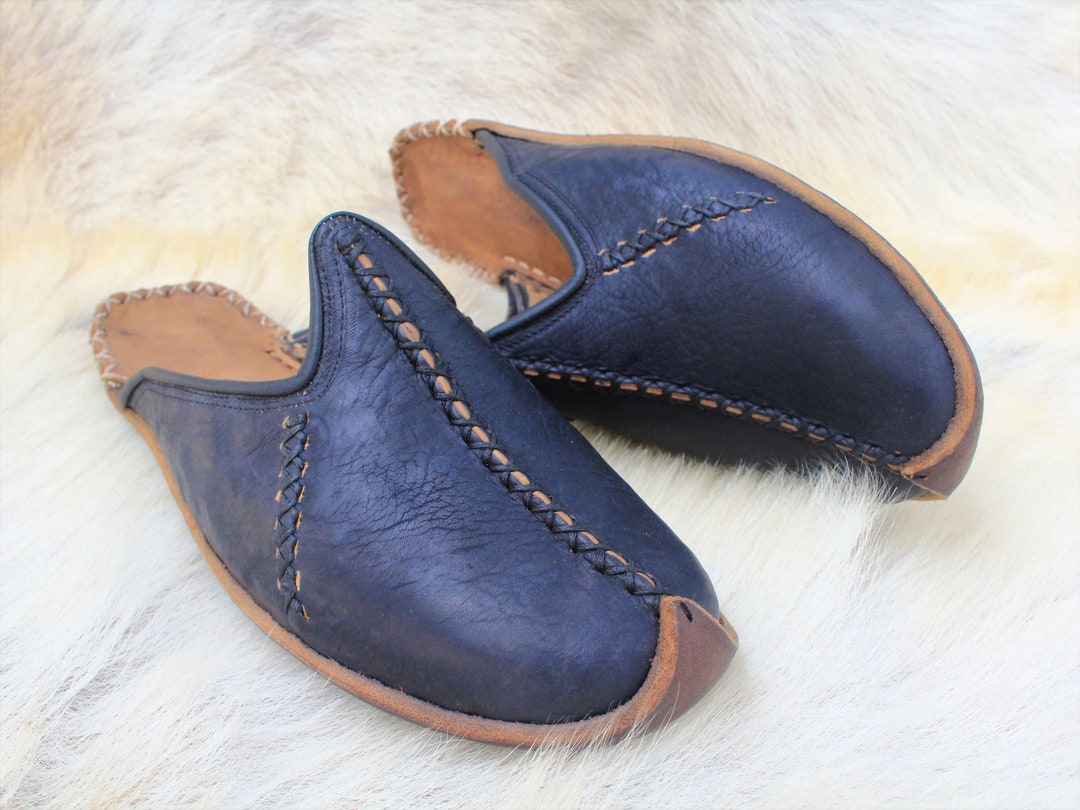 Hand Painted Black Handmade Leather Slippers for Women and Men Unique ...