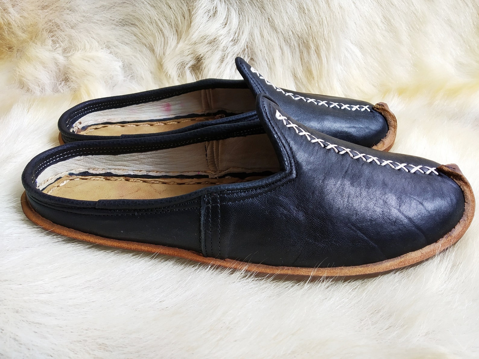 Black Leather House Slippers Women Shoes Handmade Men Slip Ons - Etsy