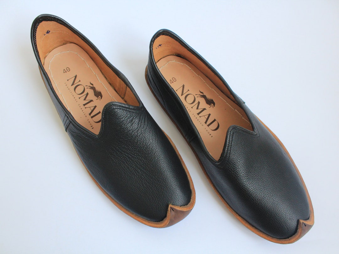 Black Leather Traditional Turkish Shoes Slip Ons Slippers Handmade ...