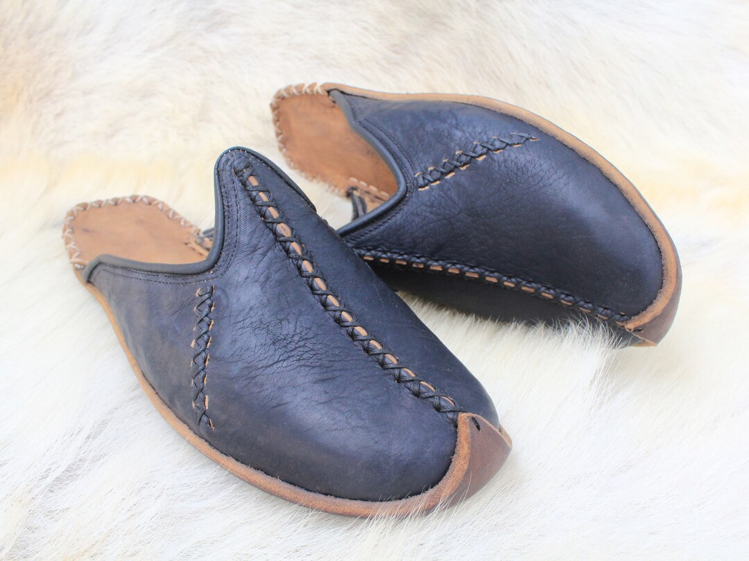 Slippers of Nobles - Natural Black Leather Slippers Turkish Handmade ...