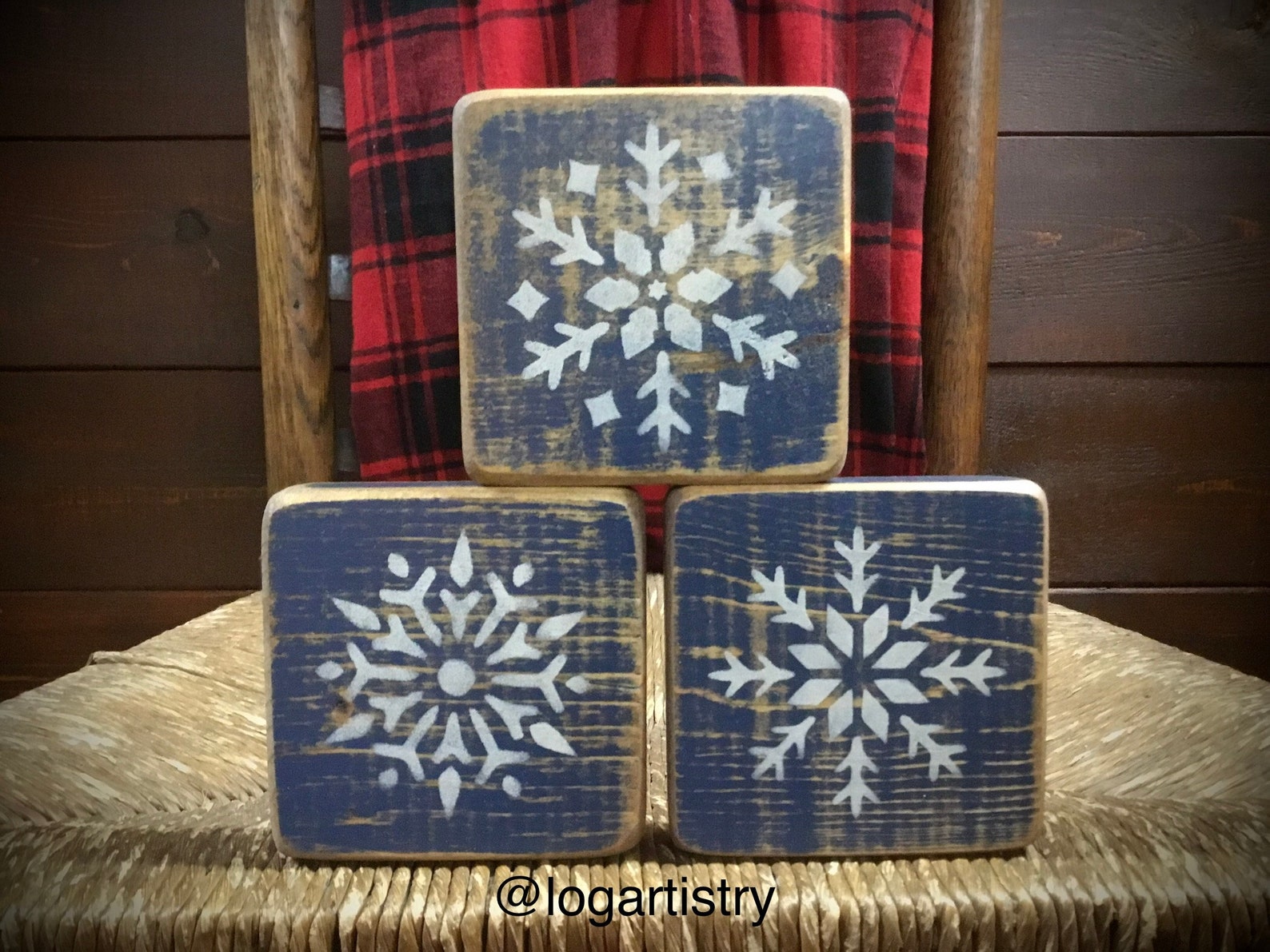Rustic Snowflake Wood Shelf Sitter Block Set of 3 Blue | Etsy