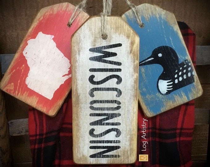 Wisconsin Wood Tag Set Rustic Distressed Cabin Lodge Loon Decor State ...