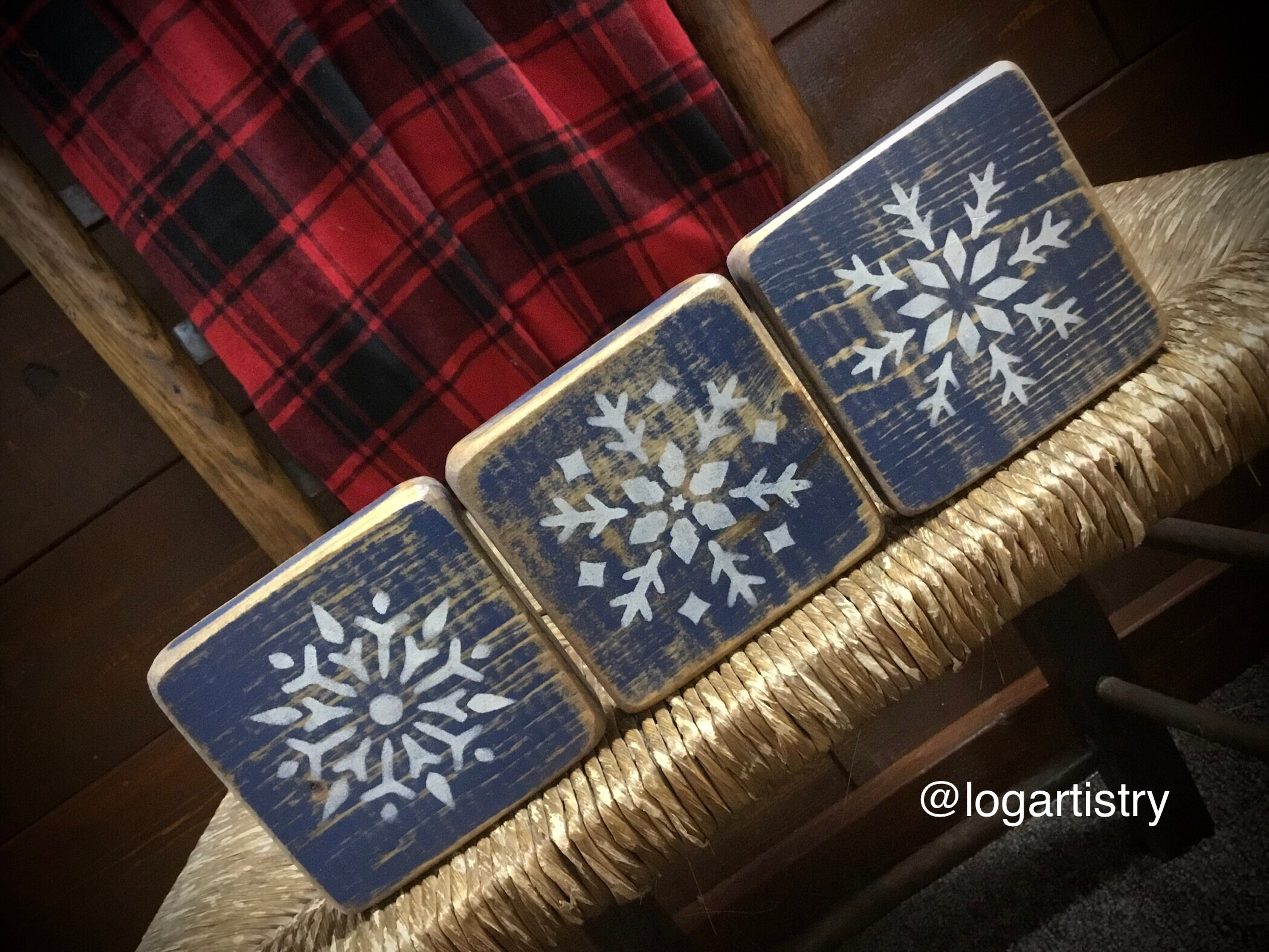 Rustic Snowflake Wood Shelf Sitter Block Set of 3 Blue - Etsy