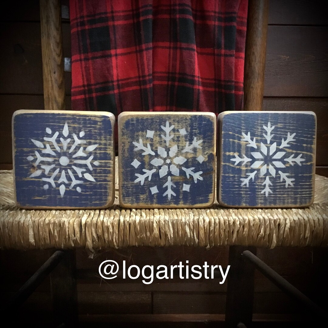 Rustic Snowflake Wood Shelf Sitter Block Set of 3 Blue Distressed ...