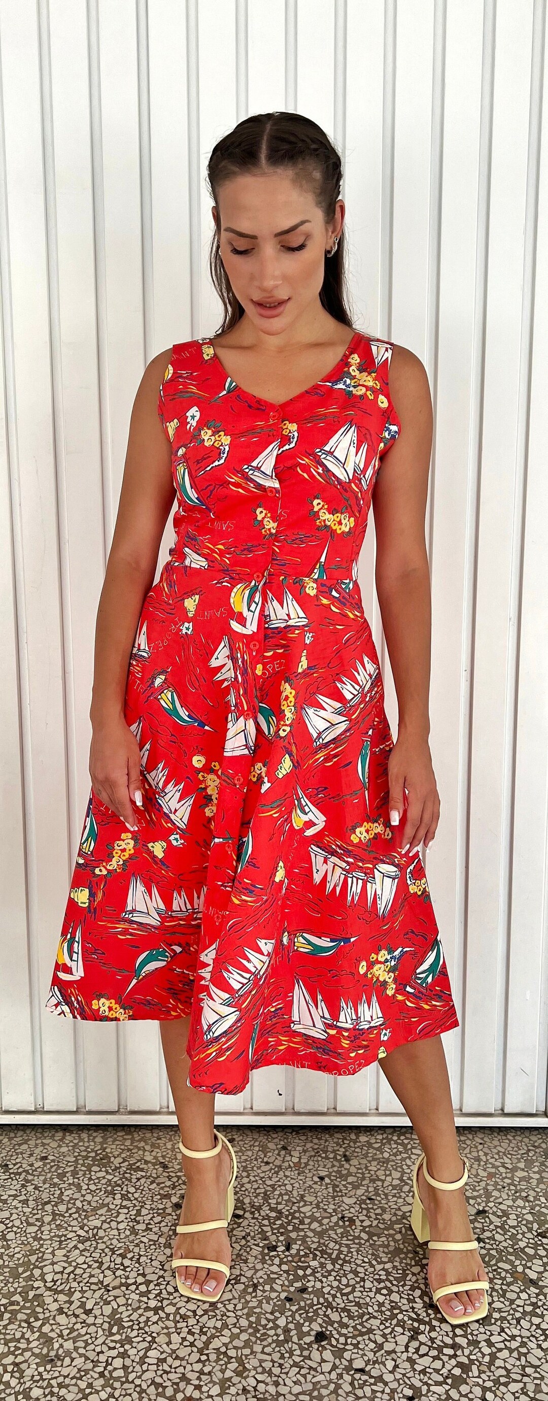 Red White Boat Print Cotton Summer Cocktail Printed Dress Tunics Midi ...