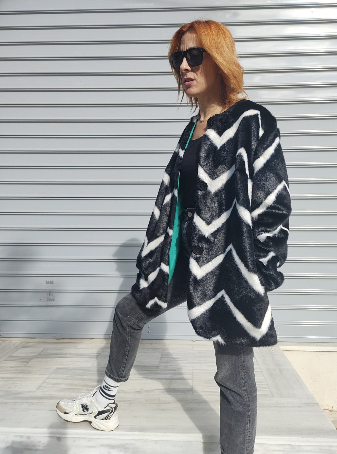 Handmade Black White Fake Fur Jacket Black White Zig Zag Pattern ...