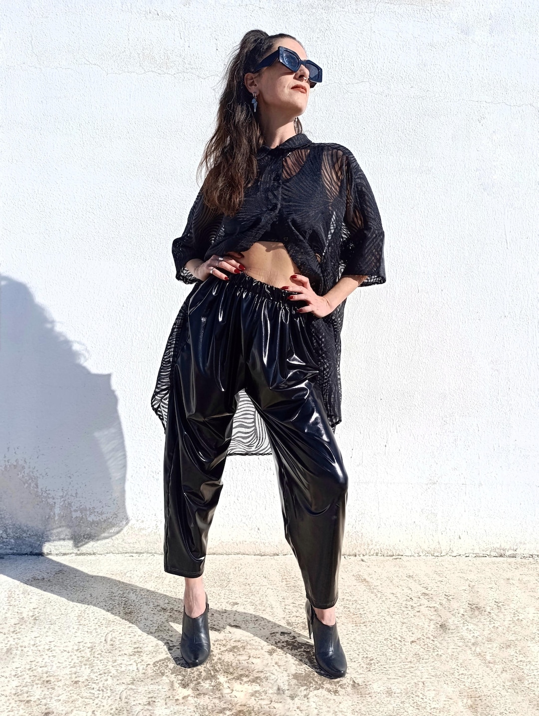 High Waisted Black Vinyl Elasticated Jogger Type Pants High Rise Black ...