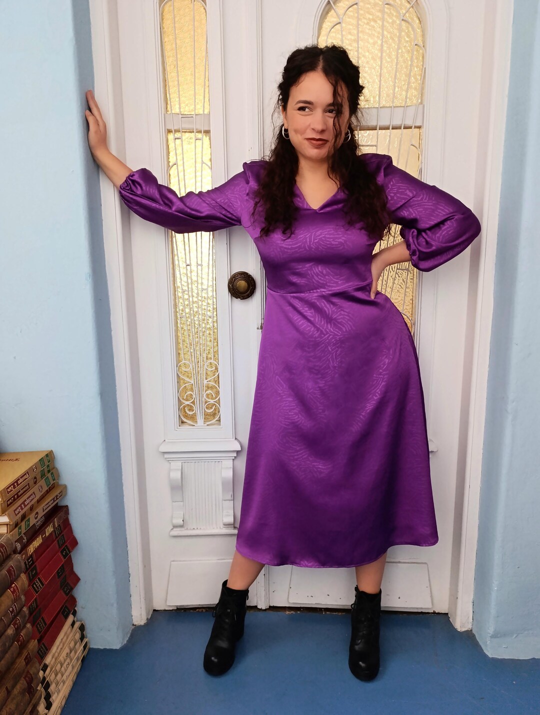 Purple A-line Dress, V-neck Midi Cocktail Dress, Handmade Lillac Robe ...