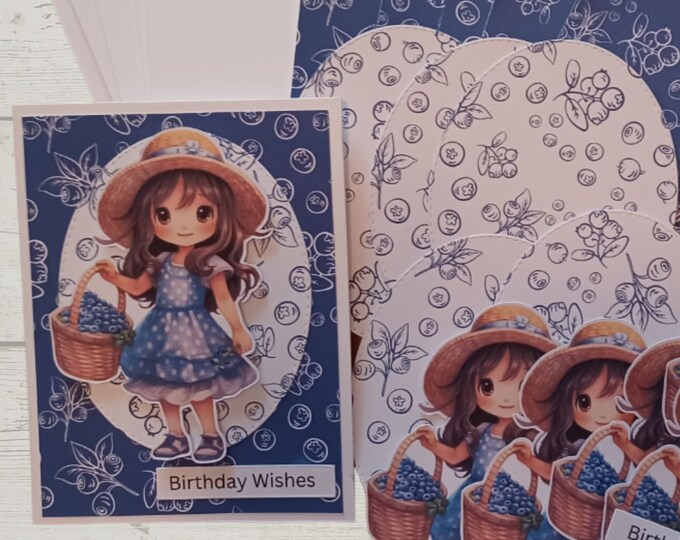 Blueberry Basket Girl Greeting Card Kit A2 Set of 6 W/envelopes Floral ...