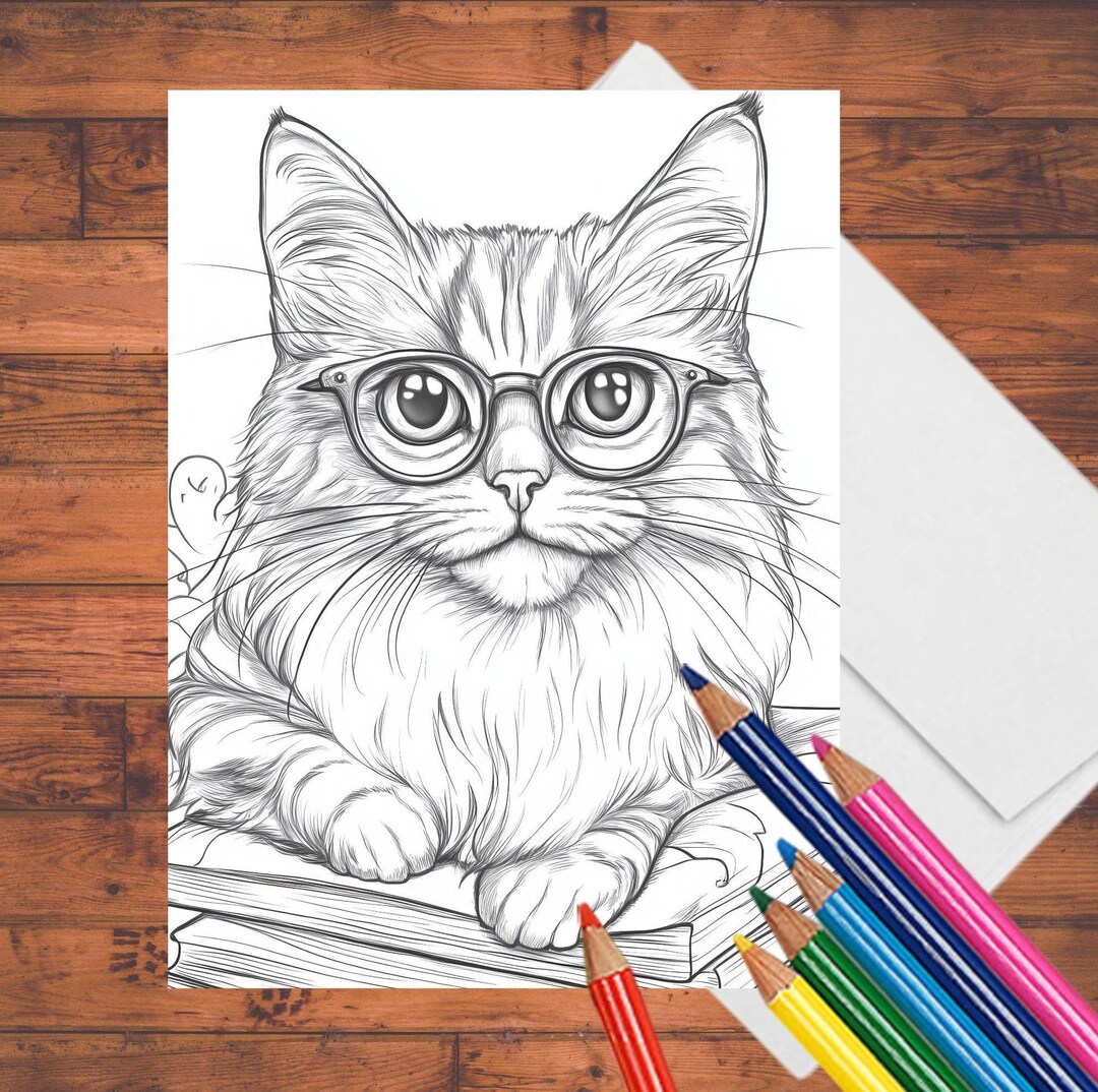 Smarty Cats in Glasses Coloring Cards, 5" X 7", Stationary Set, 8 ...