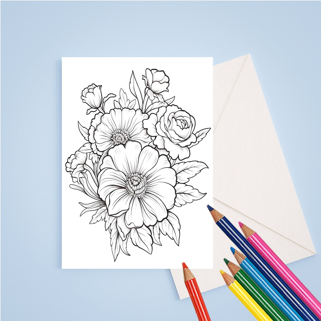 Floral Coloring Cards 5 X 7 Stationary Set Adult Coloring Cards, With ...