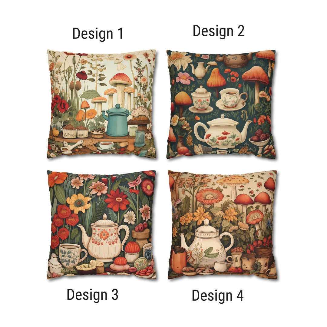 Cottagecore Country Pillow Covers, Teapot, Mushrooms. Toss Throw Pillow ...