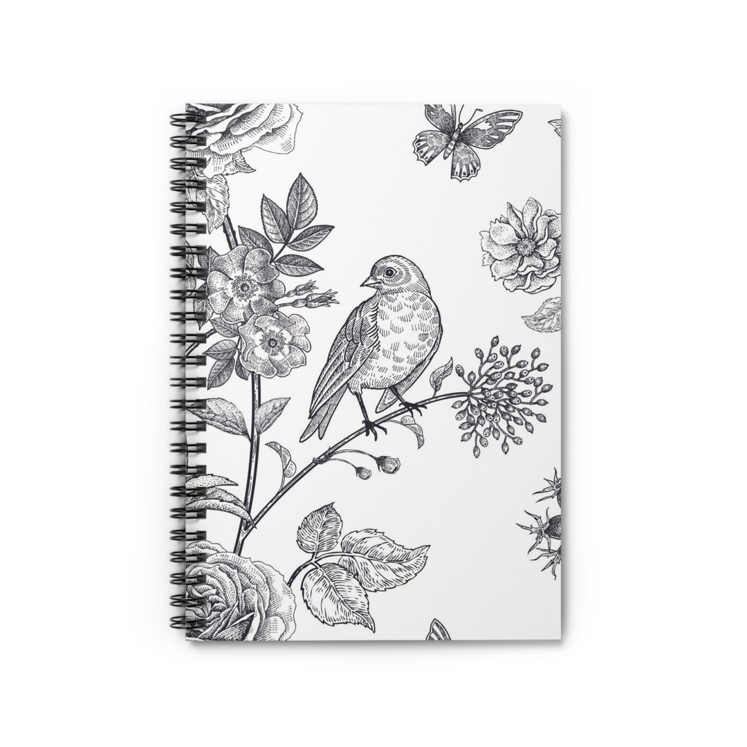 Black and White Bird on Branch Floral Notebook, Spiral Notebook W ...