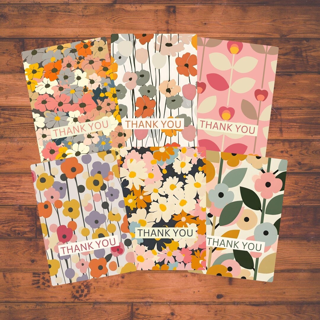 Set of 12 Mid-century Modern Floral Thank You Notecards, Blank ...