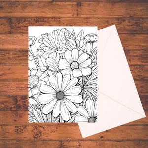 Set of 8 Garden Flowers Floral Coloring Cards 5" X 7", Stationery Set ...