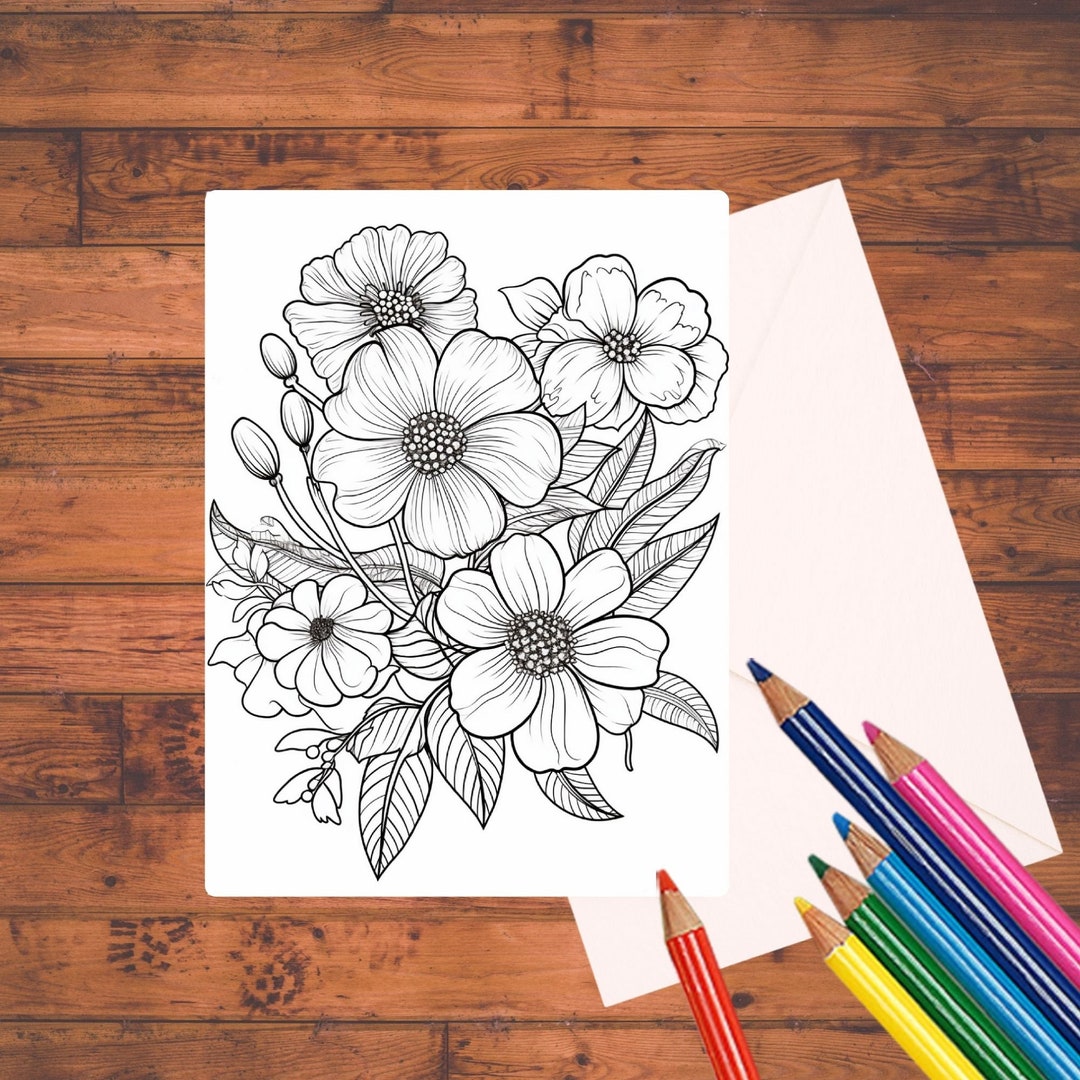 Set of 8 Floral Flowers Coloring Cards, 5" X 7", Stationary Set, Adult ...