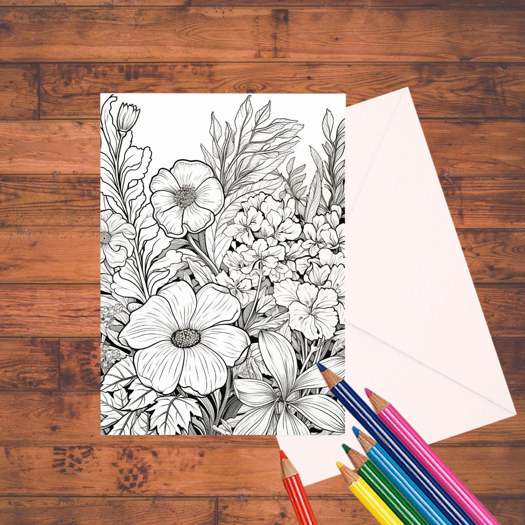 Set of 8 Garden Flowers Floral Coloring Cards 5" X 7", Stationery Set ...