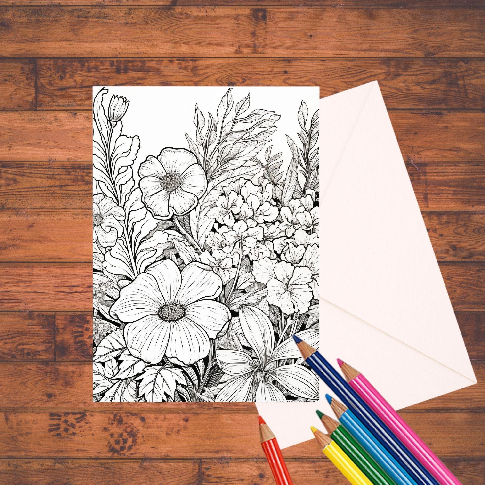 Floral Coloring Cards Set: Garden Flowers DIY Greeting Cards Kit With ...