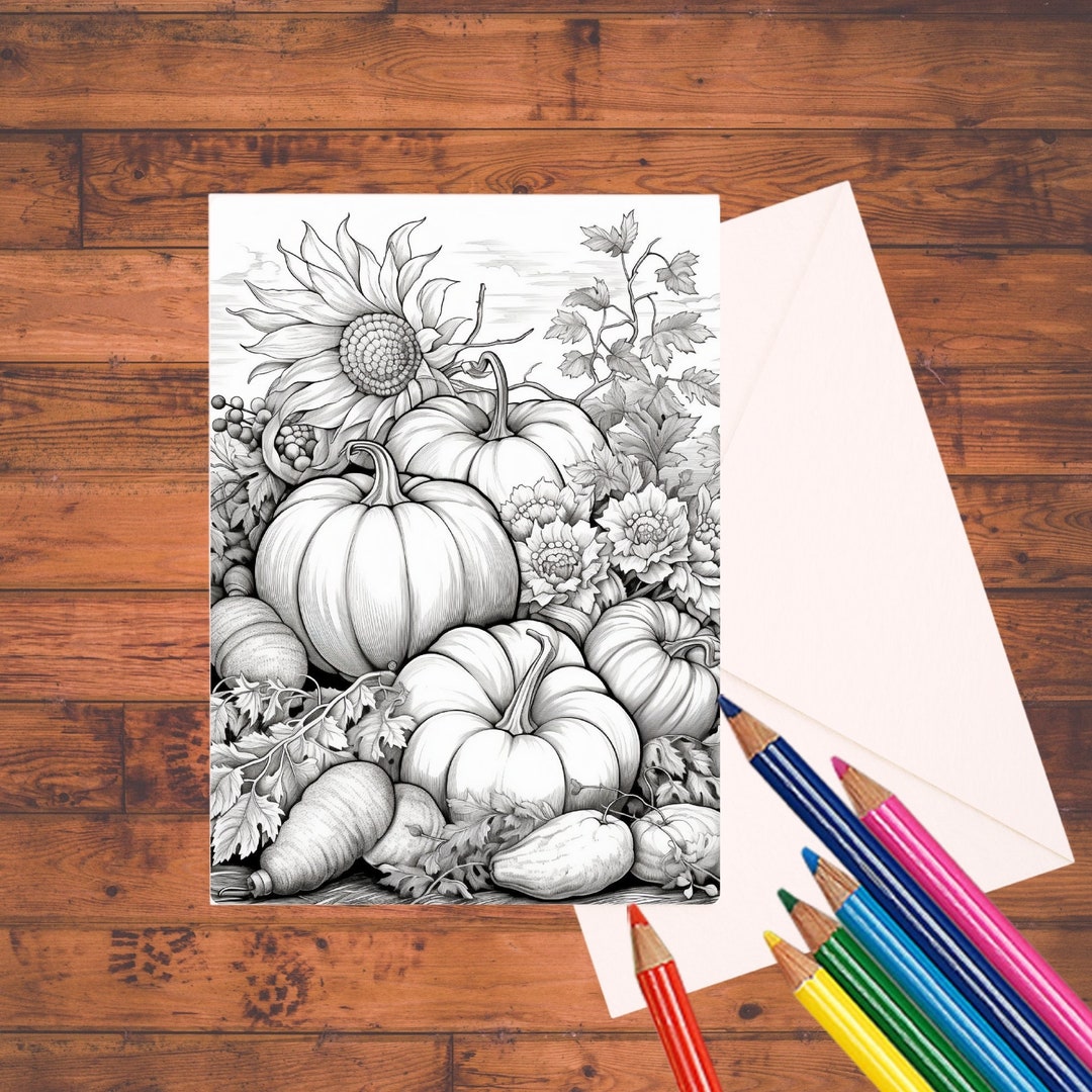 8 Autumn Farm Adult Coloring Cards Set: DIY A7 Card Kit With Envelopes ...