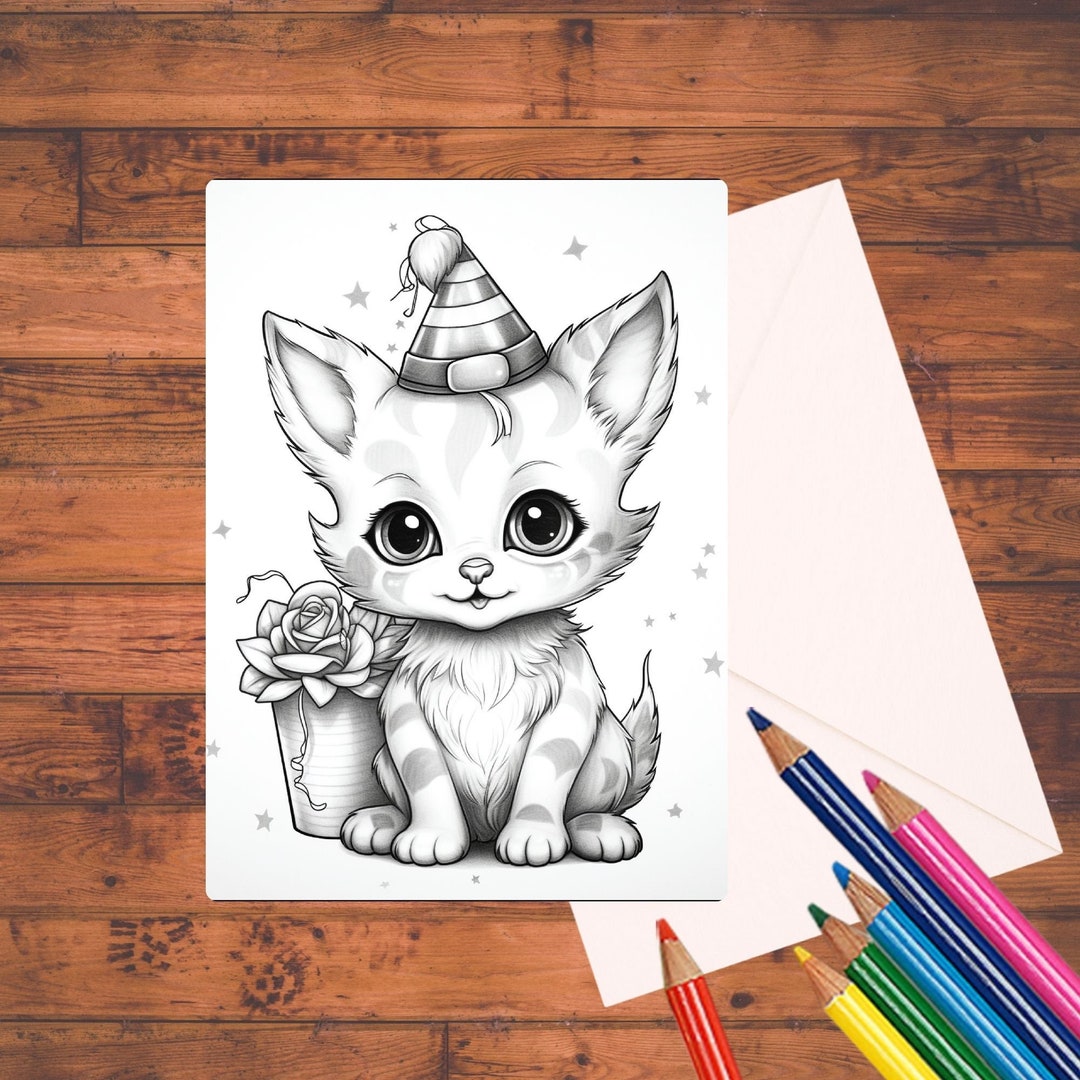 Cute Animal Birthday Coloring Cards, Large 5 X 7 Stationary Set ...