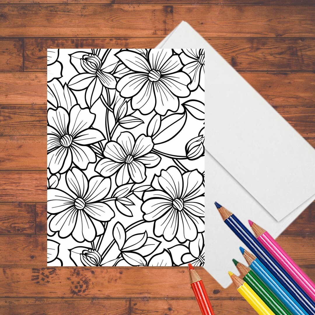 8 Flower Blooms Floral Coloring Cards, 5" X 7", Stationary Set, Adult ...