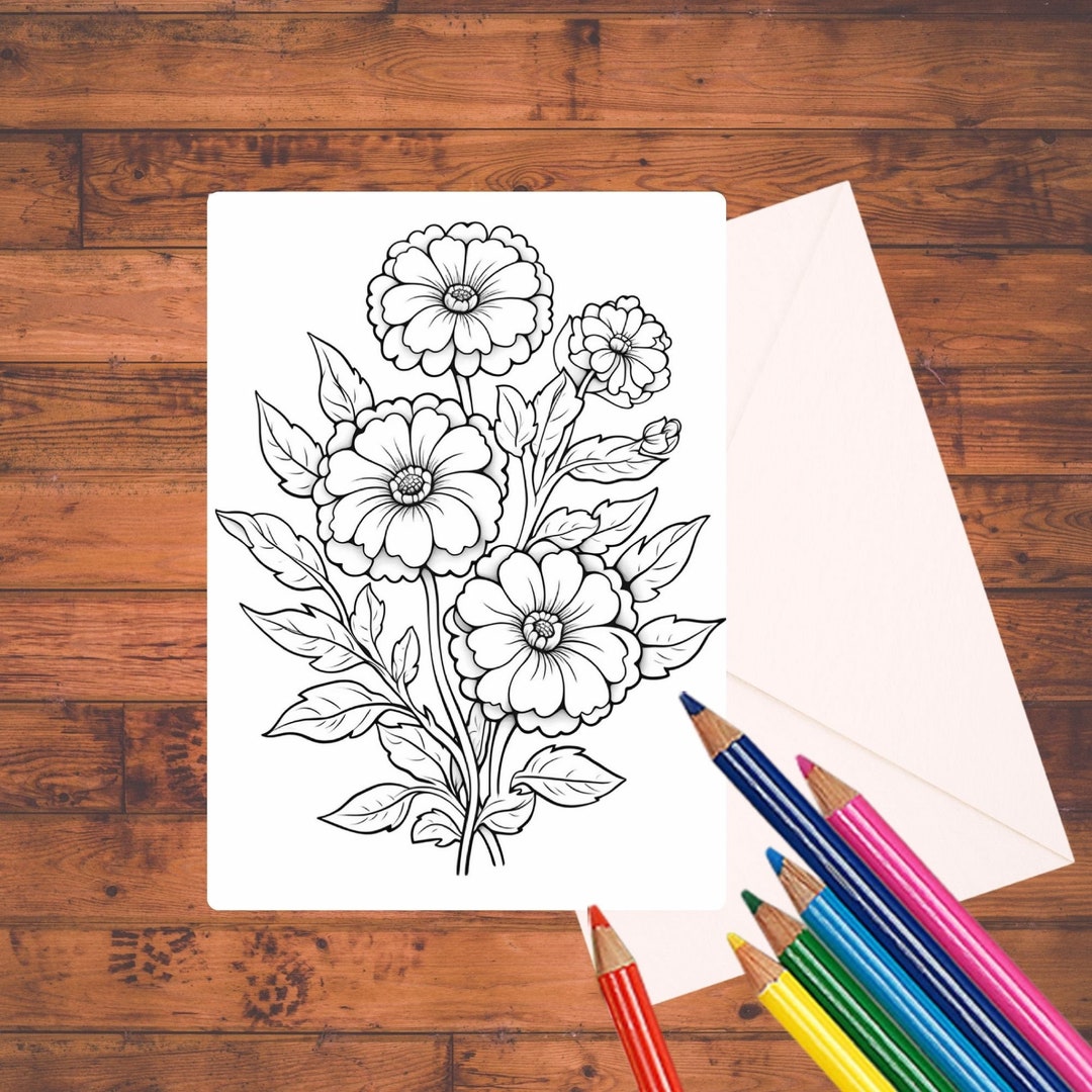 Floral Coloring Cards 5" X 7" Stationary Set Adult Blank Cards With ...
