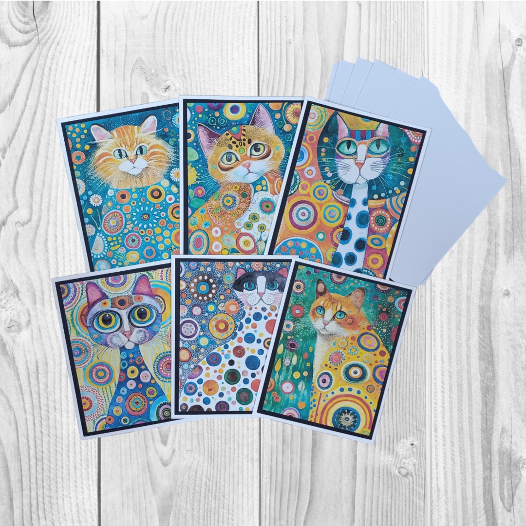 Whimsical Colorful Cats Card Set A2 Ready Made Stationary Set of 6 With ...