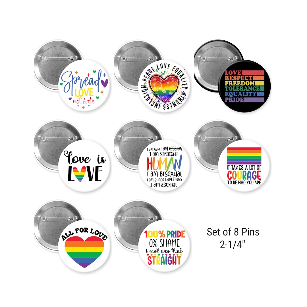 LGBTQ2S Pride Pin Back Buttons, Set of 8 Pins, 2-1/4 Diameter, Gay ...