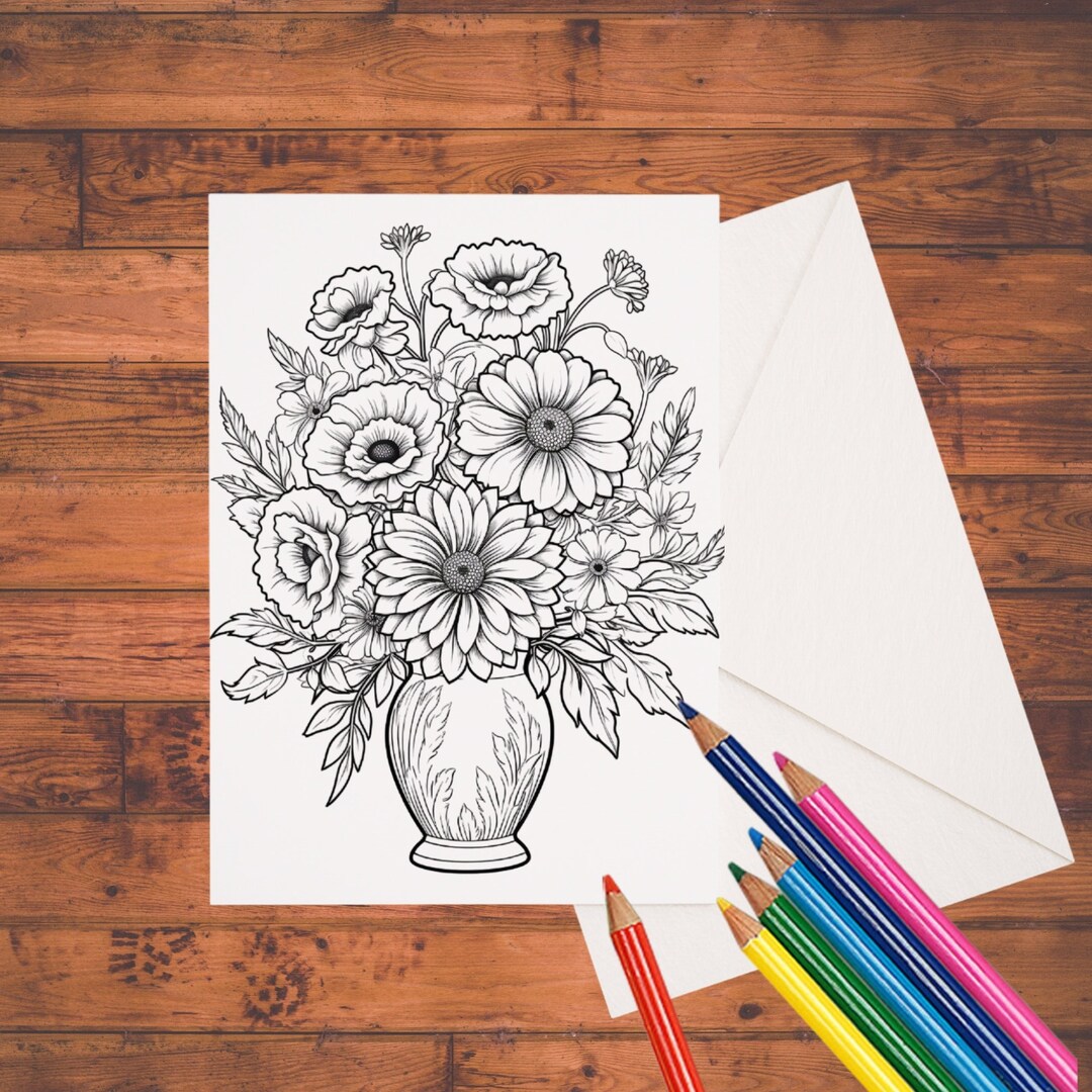 Set of 8 Flowers in Vase Floral Coloring Cards, 5" X 7", Stationary Set ...