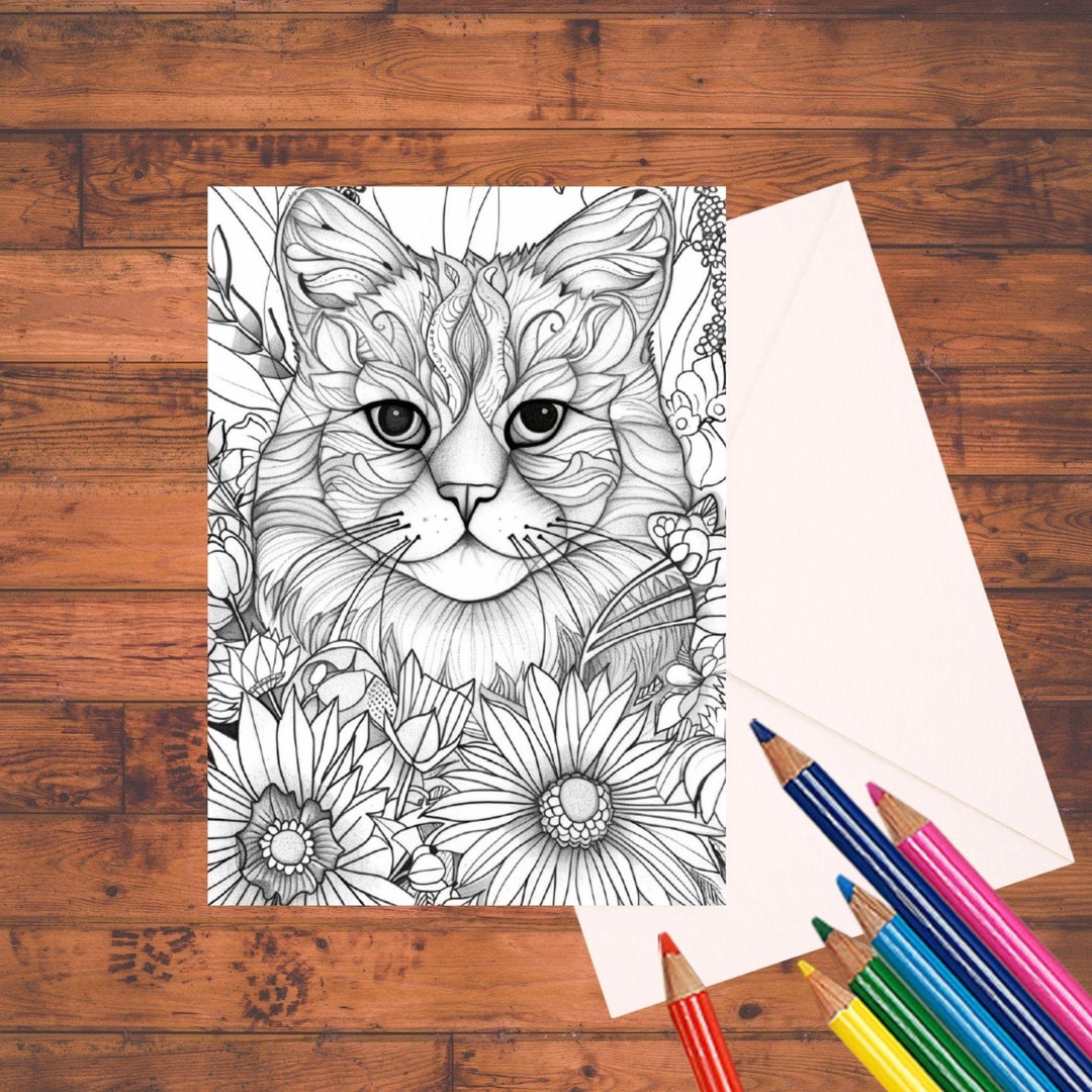 Set of 8 Kittens Cats in Flowers Coloring Cards 5" X 7", Stationary Set ...