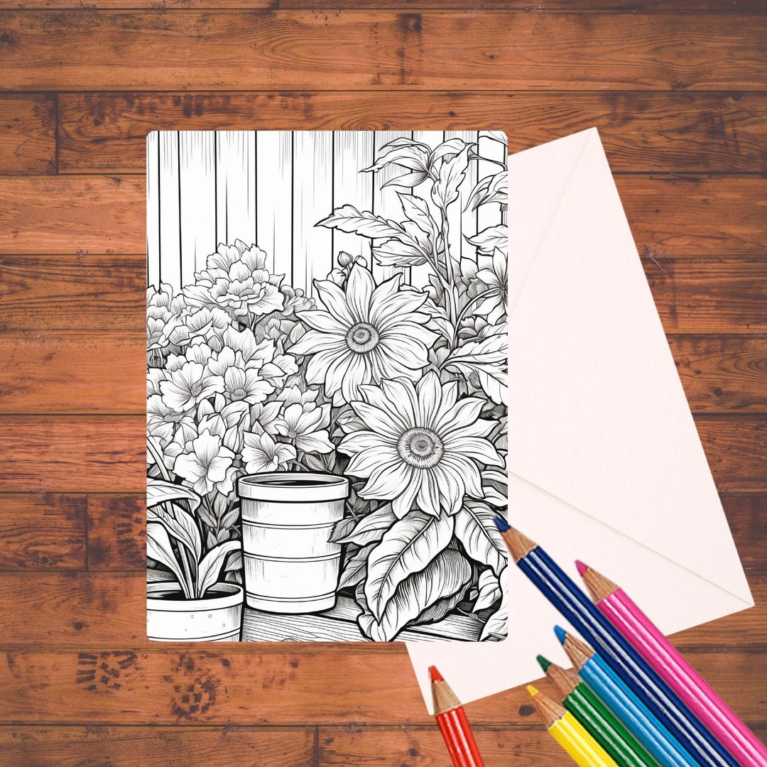 Floral Coloring Cards Set: Flower Garden DIY Greeting Cards Kit With ...