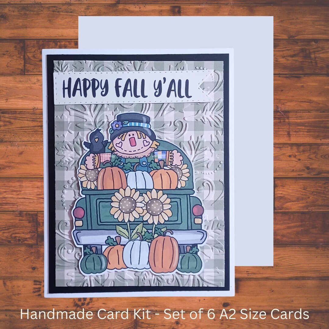 Happy Fall Y'all Scarecrow, Pumpkins, Crow in Pickup Truck Embossed ...