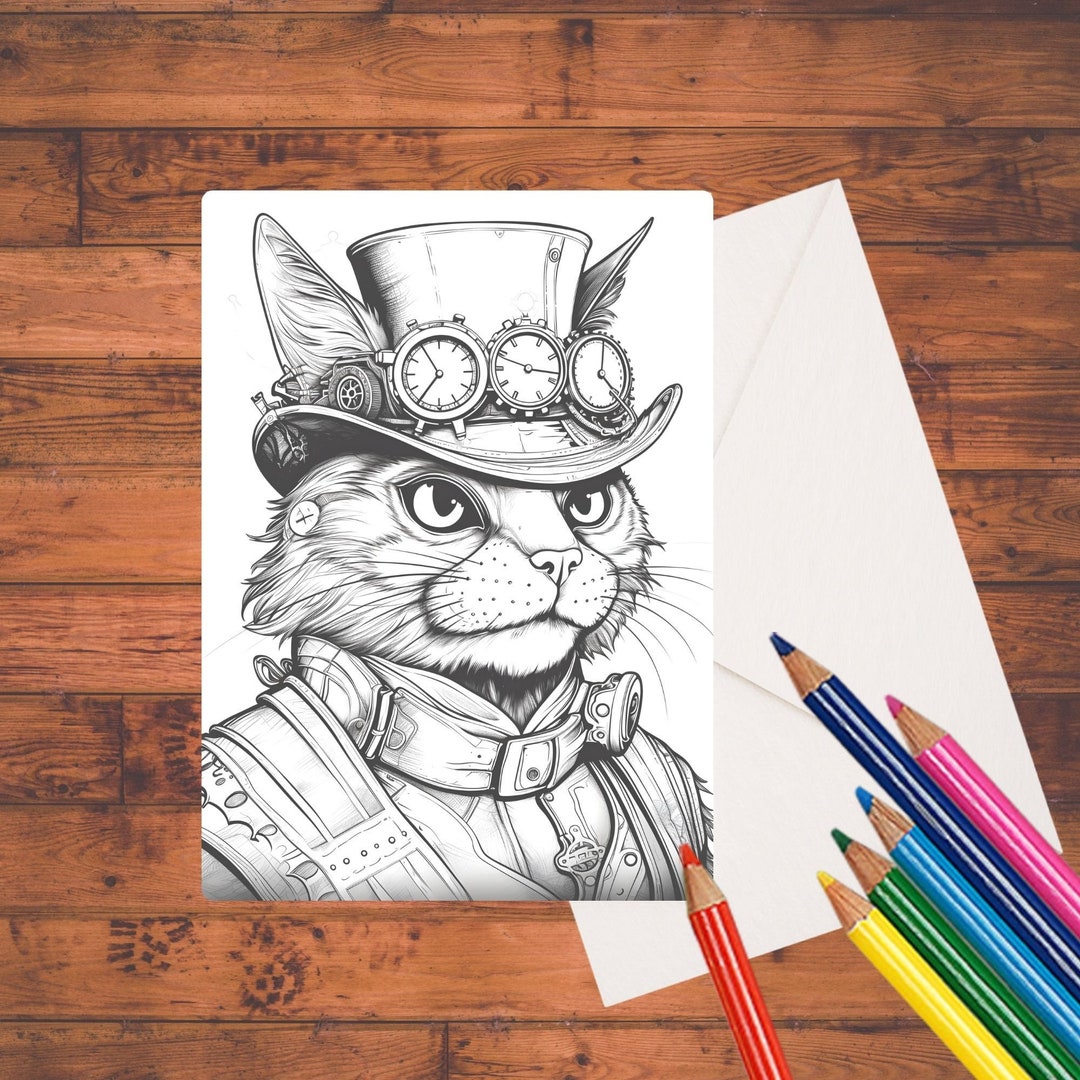 Set of 8 Steampunk Cat Coloring Cards, 5" X 7", Stationery Set, Adult ...
